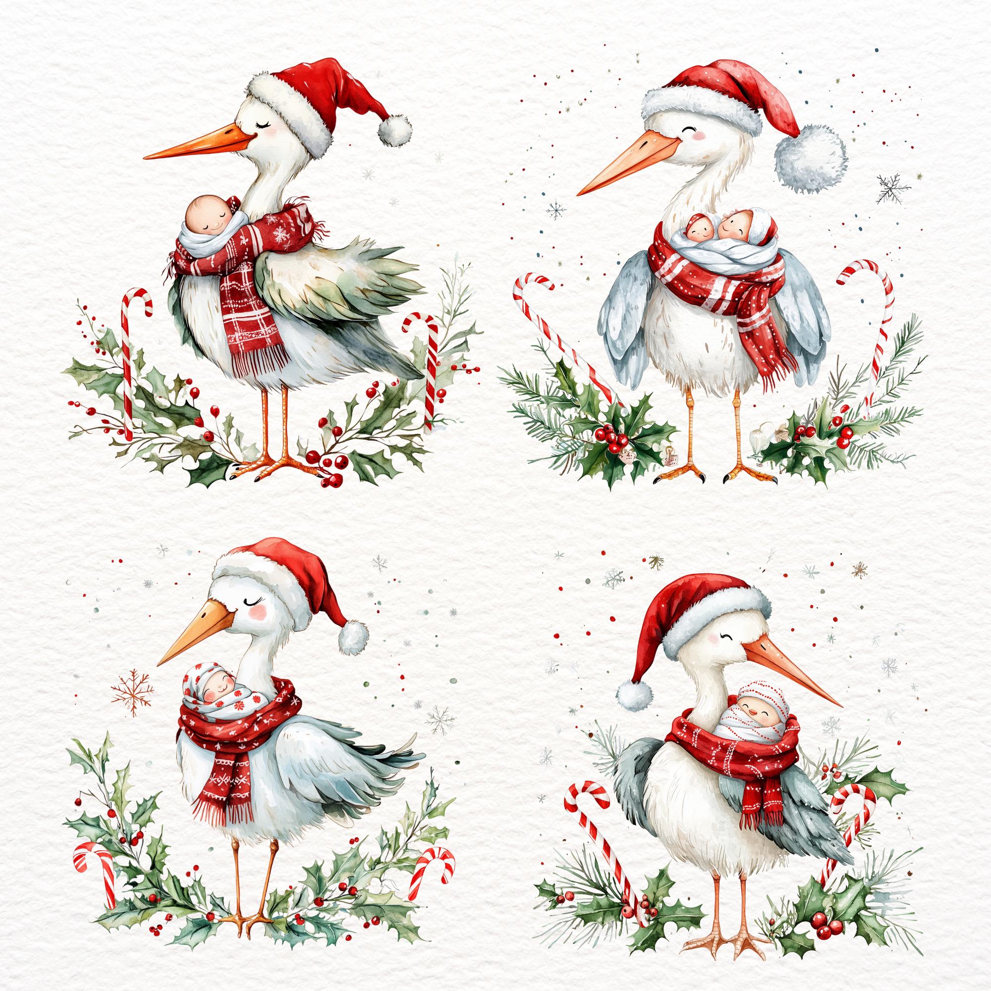 Stork Delivering Baby Clipart, Watercolor Christmas Stork PNG, Winter ...