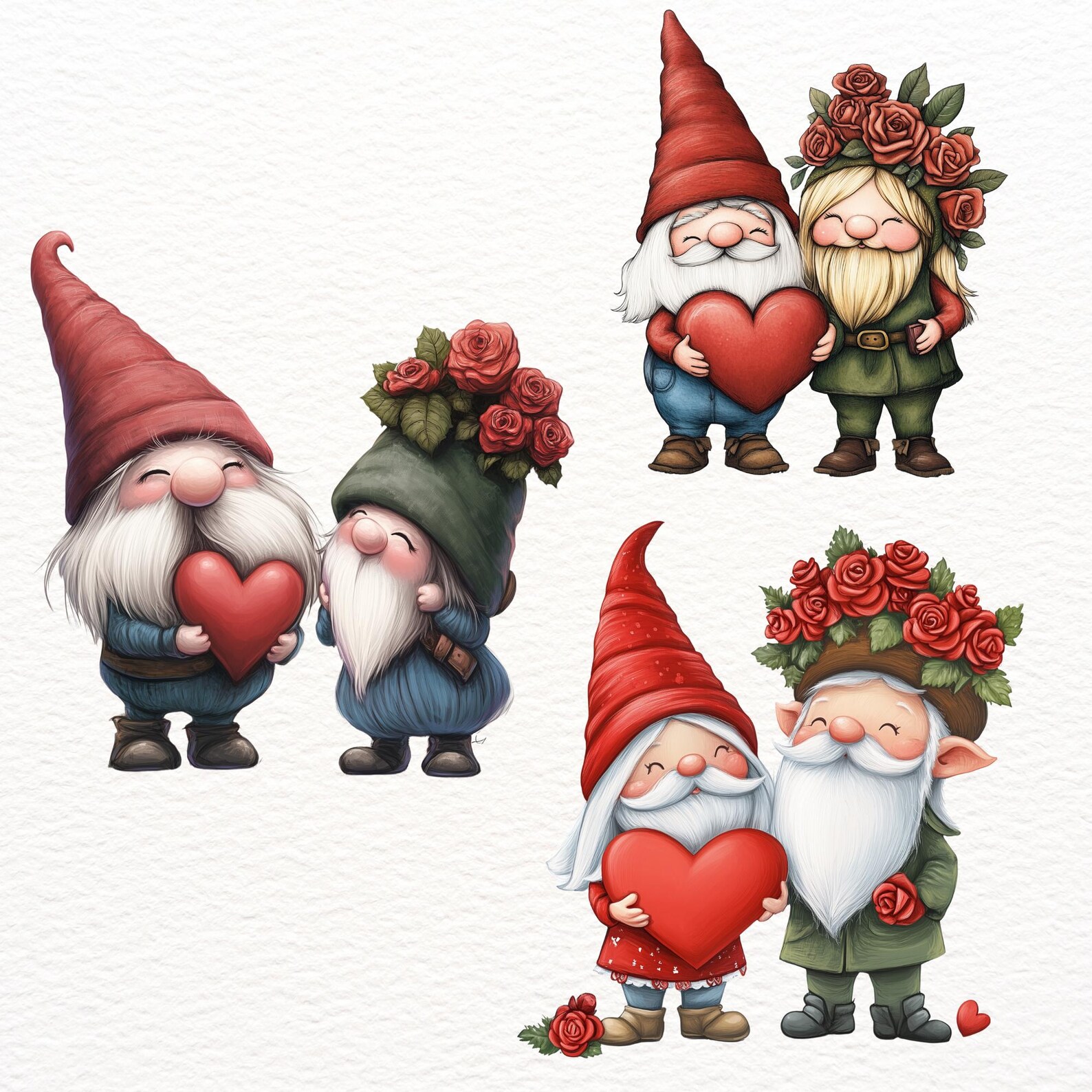 Valentine Gnome Couple Clip Art, Watercolor Gnomes Partners Image, Love ...
