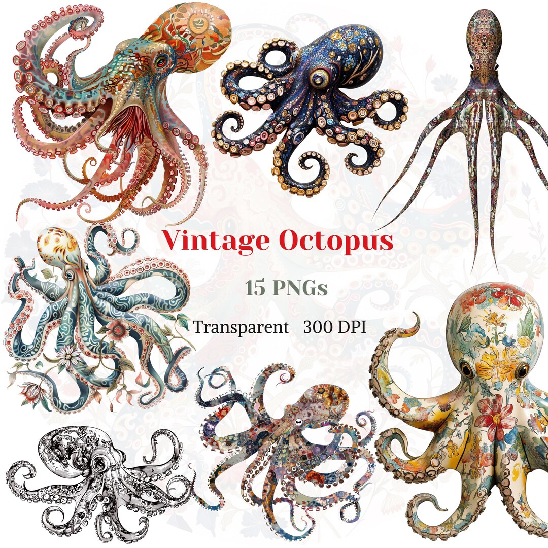Vintage Octopus Clip Art, Ocean Octopus Graphic, Rustic Deep Sea Animal ...