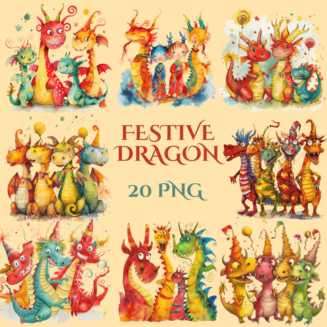 Festive Dragon Clip Art, Watercolor, Funny Dragons, Cute Dragon, Party ...