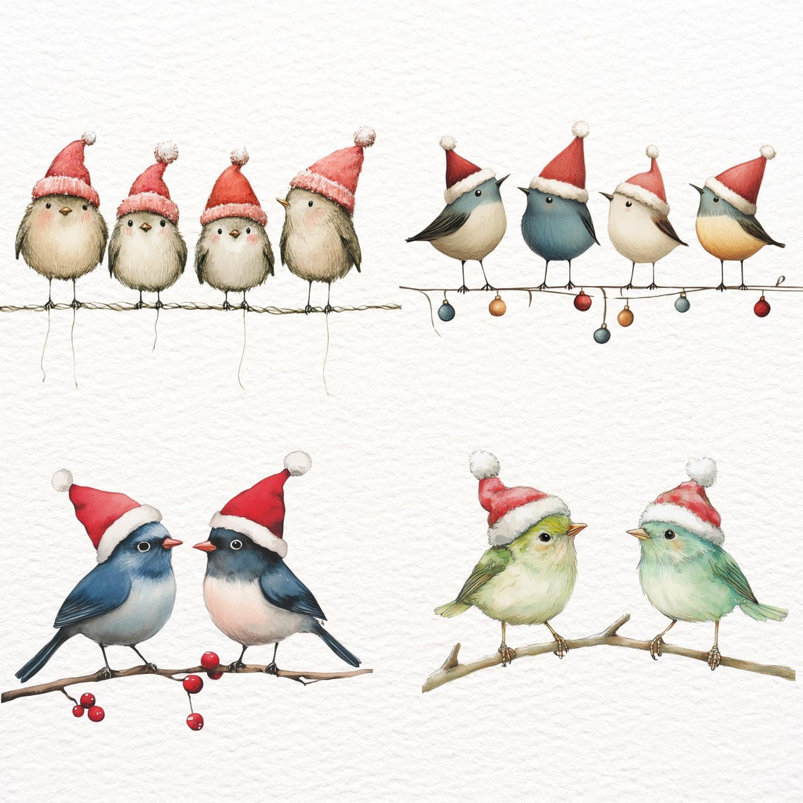 Whimsical Christmas Birds Clipart, Watercolor Cute Funny Bird PNG ...