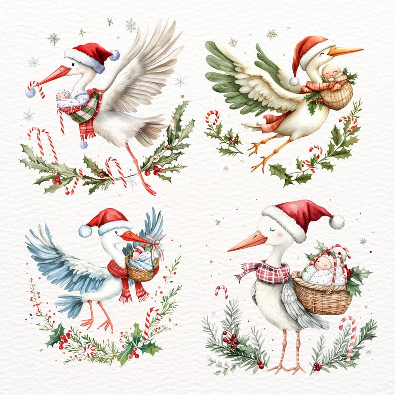 Stork Delivering Baby Clipart, Watercolor Christmas Stork PNG, Winter ...