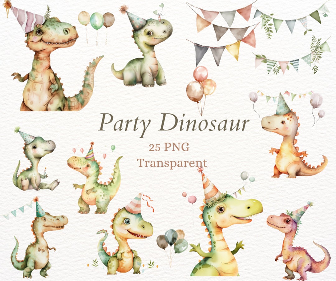 Party Dinosaur Clipart, Watercolor Birthday Dinosaur PNG, Baby Shower ...