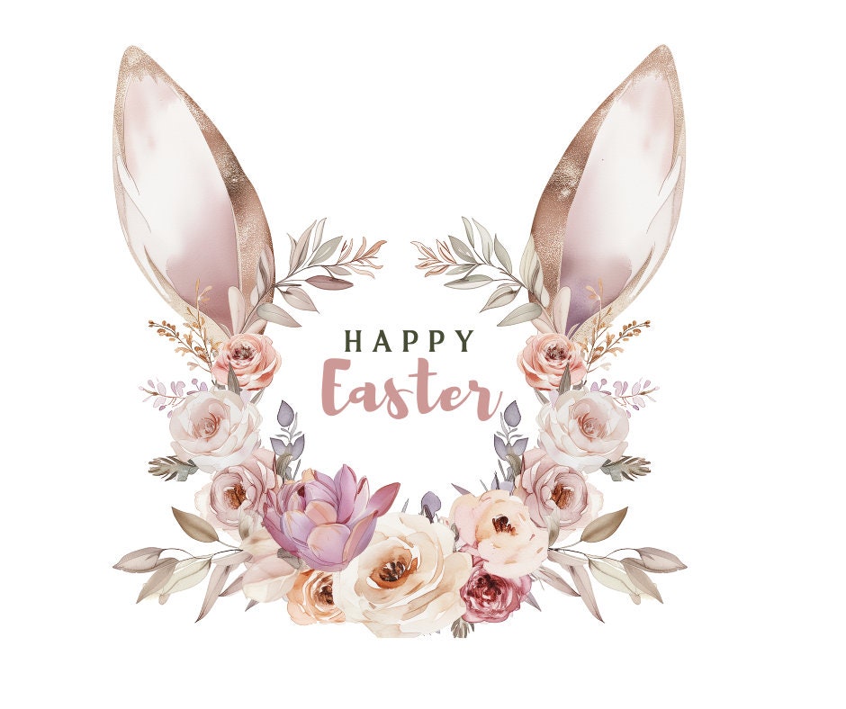 Easter Bunny Ear Clip Art, Watercolor Floral Rabbit Ear Graphic, Happy ...