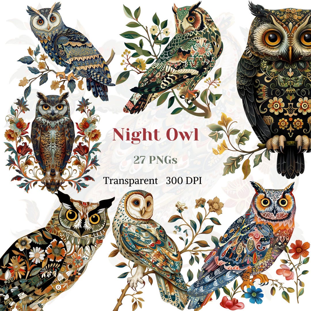 Night Owl Clip Art, Whimsical Owl PNG, Vintage Bird Art, Wing Fantasy ...