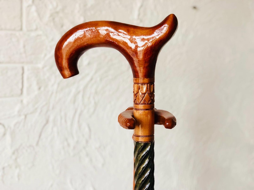 Classic Derby Handle Walking Cane – Hand Carved Wooden Cane – Spiral ...