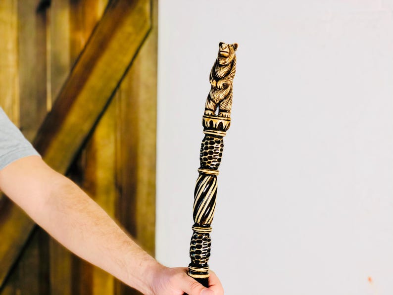Hand Carved Bear Wizard Staff – Wooden Mage Staff With Bear Top ...