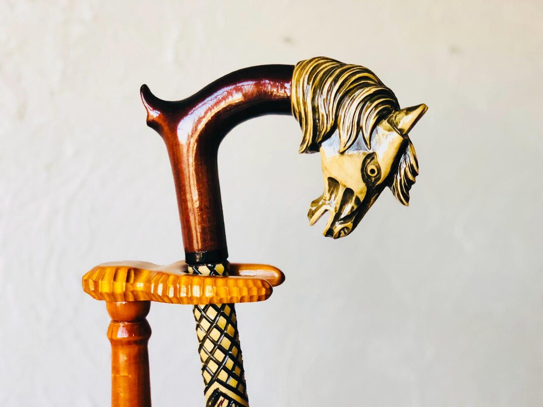 Hand Carved Horse Handle Walking Cane – Wooden Equestrian Walking Stick ...