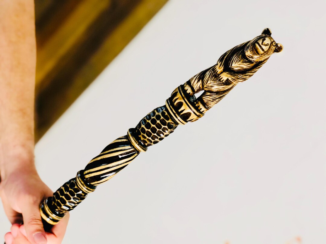 Hand Carved Bear Wizard Staff – Wooden Mage Staff With Bear Top ...