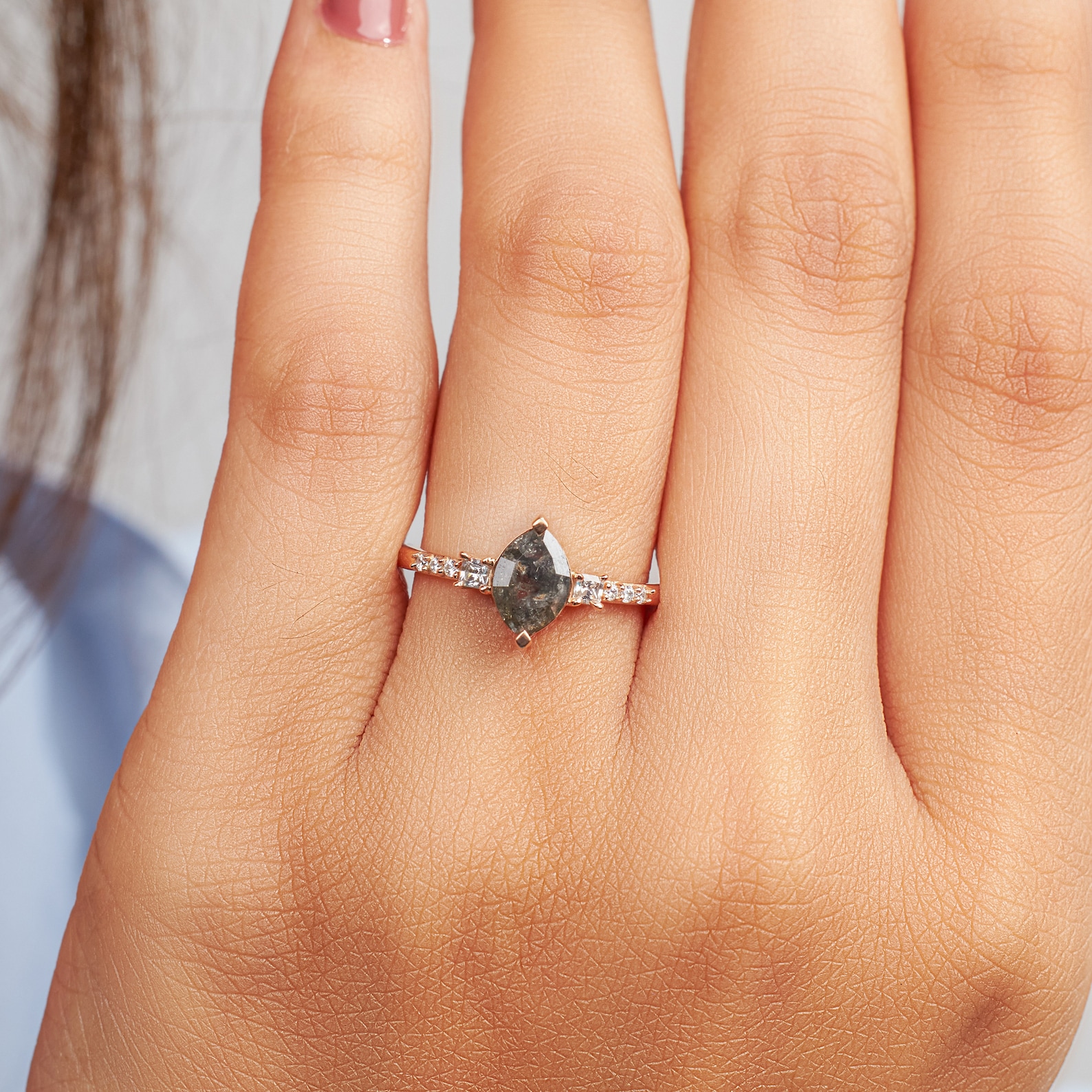 Marquise Cut Rustic Engagement Ring, Natural Salt and Pepper Diamond ...