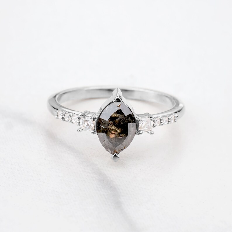 Marquise Cut Rustic Engagement Ring, Natural Salt and Pepper Diamond ...