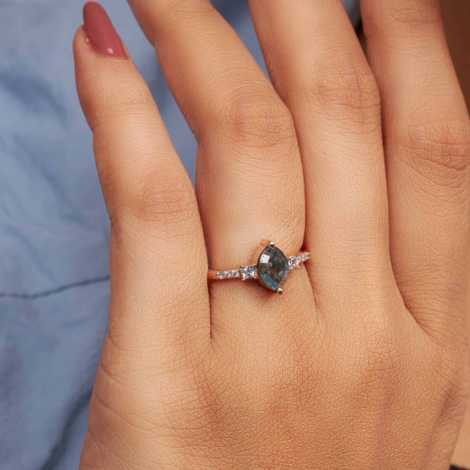 Marquise Cut Rustic Engagement Ring, Natural Salt and Pepper Diamond ...