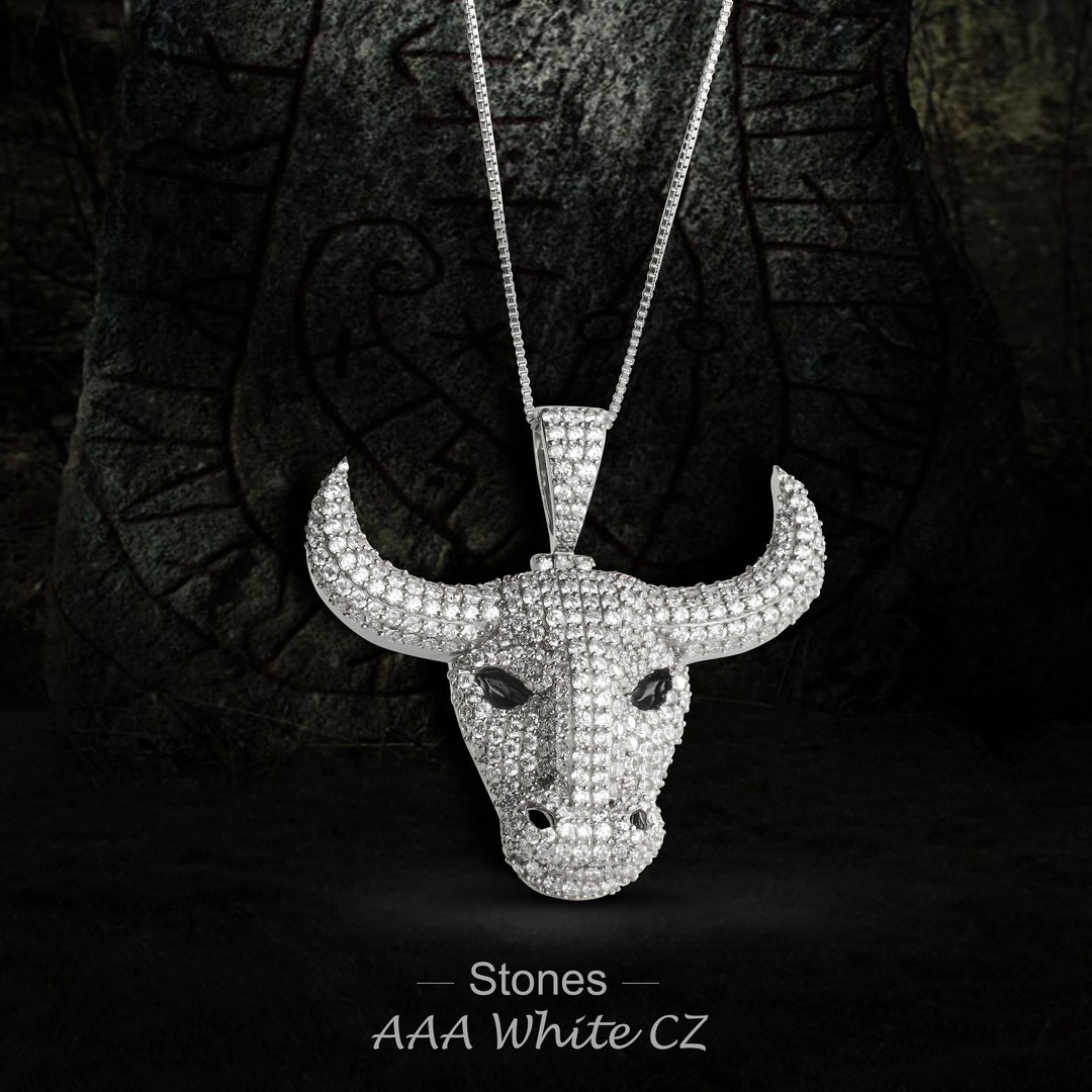Iced Out Bull Necklace, Bull Head Pendant, Hip Hop Jewelry, Viking ...