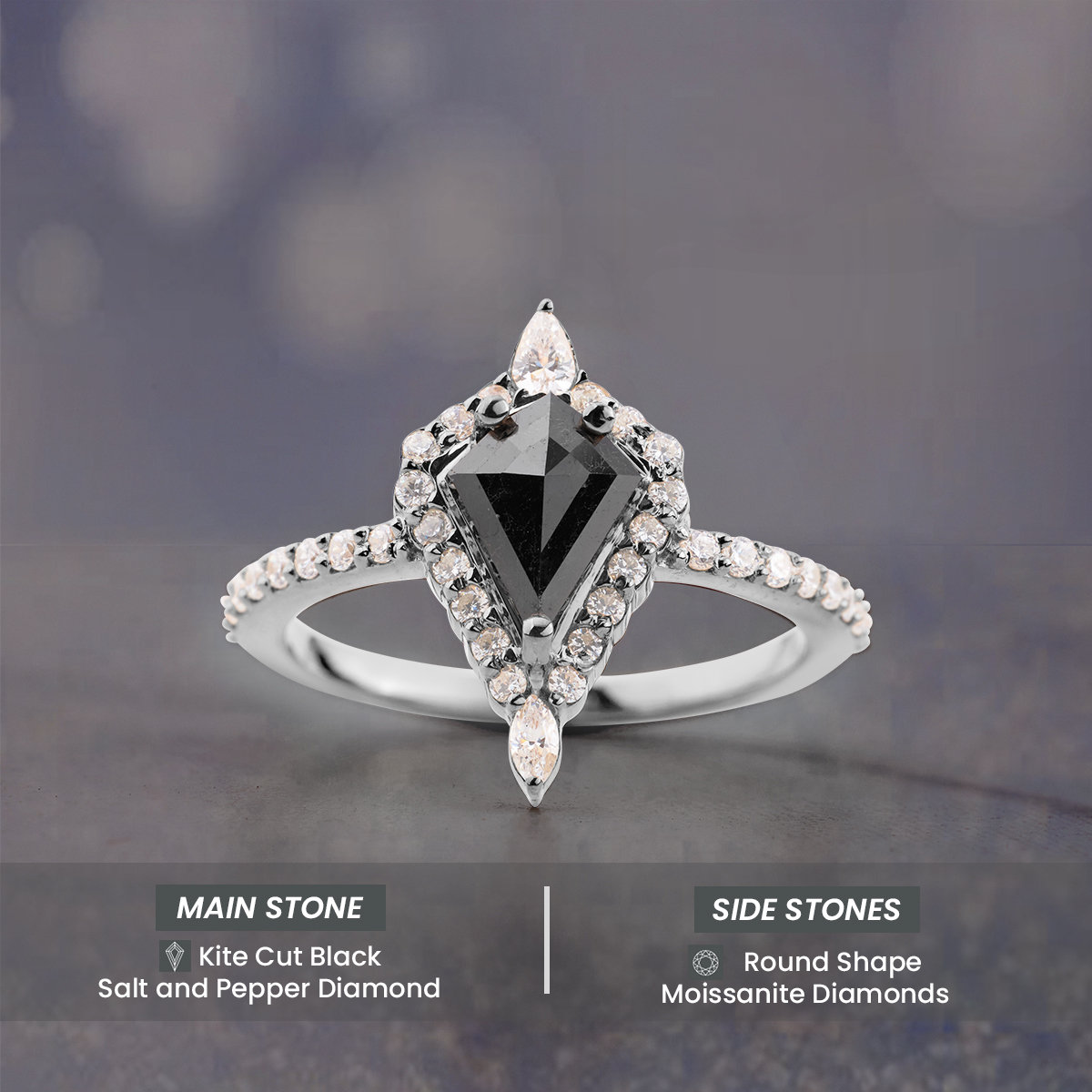 Kite Cut Ring, Black Rustic Diamond Ring, Kite Cut Salt and Pepper ...