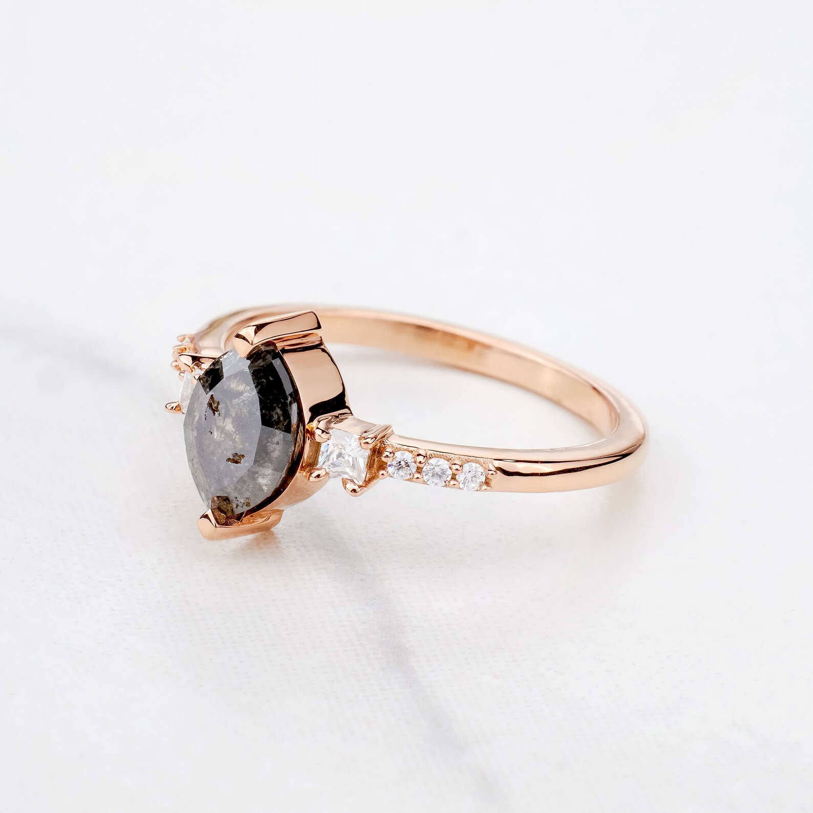 Marquise Cut Rustic Engagement Ring, Natural Salt and Pepper Diamond ...