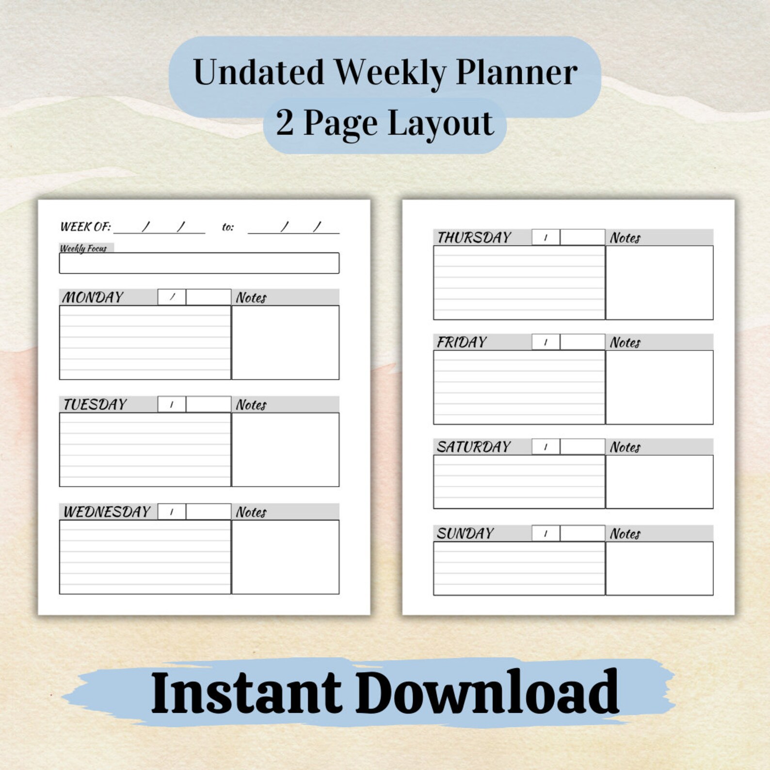 Weekly Planner Printable Portrait, Minimalist Schedule, Week at a ...