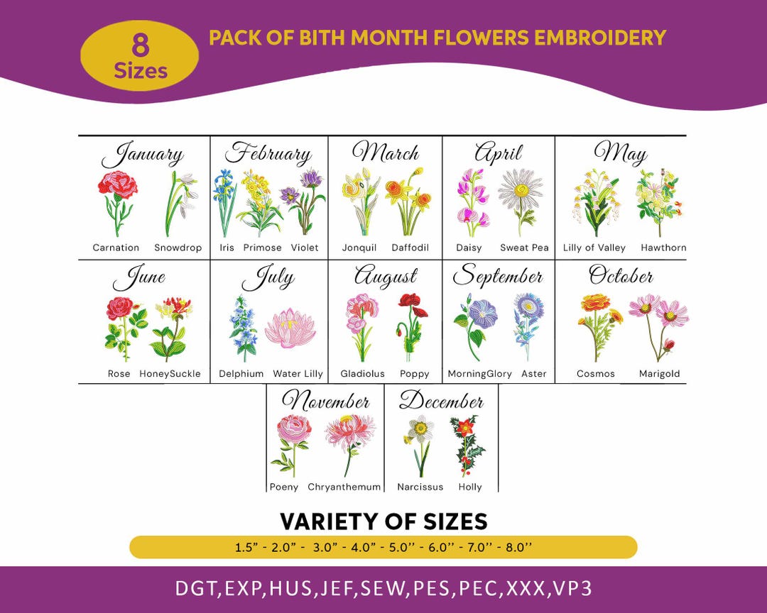 Birth Flowers Embroidery Design Bundle: 12 Month Floral Patterns – 8 ...