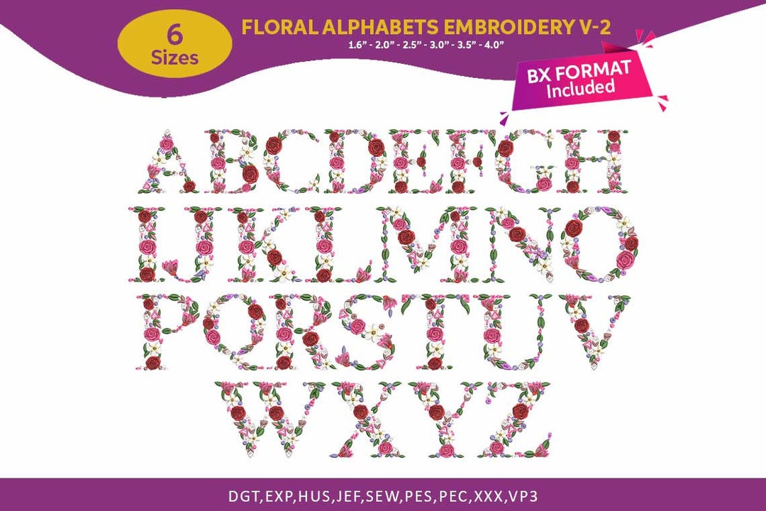 Floral Embroidery Font Alphabet A–Z: 6 Sizes – Elegant Monogram Machine ...