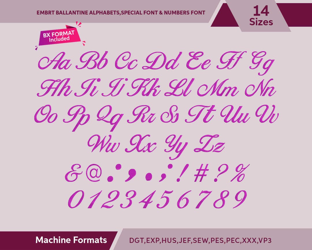 Ballantines Script Embroidery Font Bx Typable Alphabet: 14 Sizes Name ...