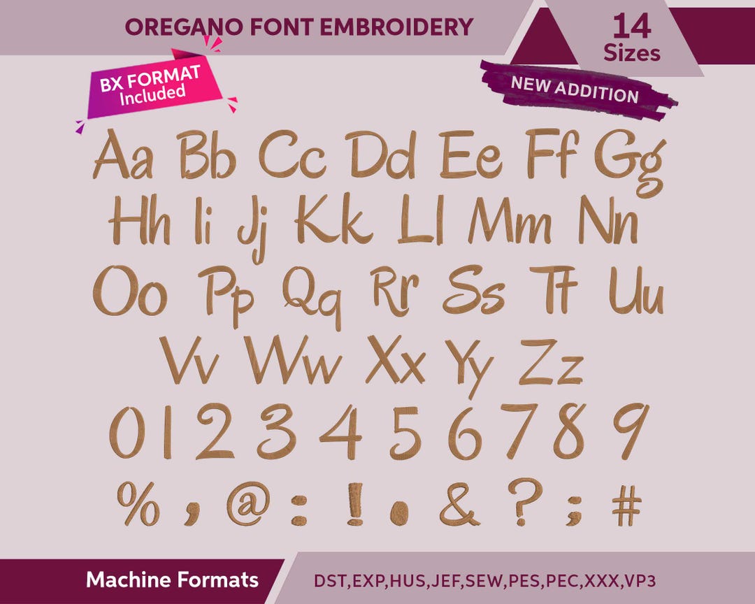 Oregano Script Embroidery Font Design: Bx Typable Alphabet, 14 Sizes ...