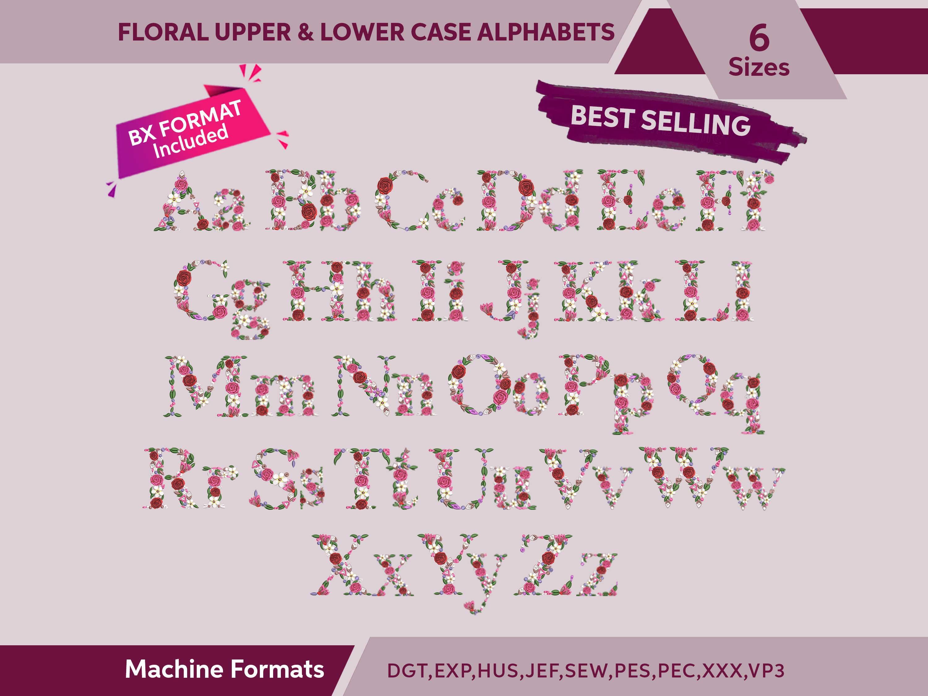 Daisy Flower Embroidery Font Upper and Lowercase Alphabet: 6 Sizes ...