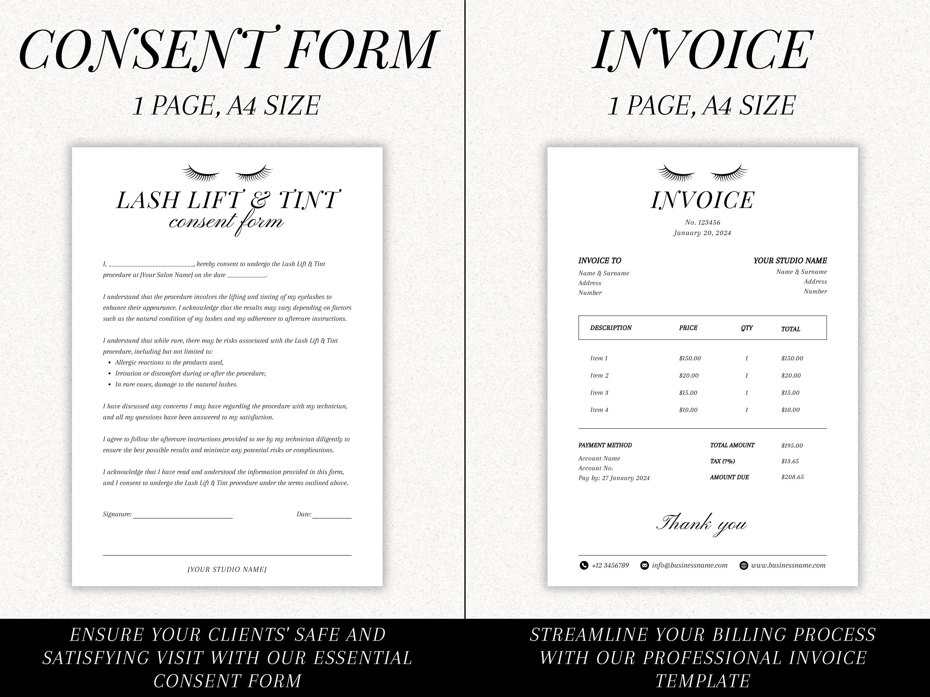 Lash Lift and Tint Forms for Lash Tech, Lash Consent Form, Esthetician ...