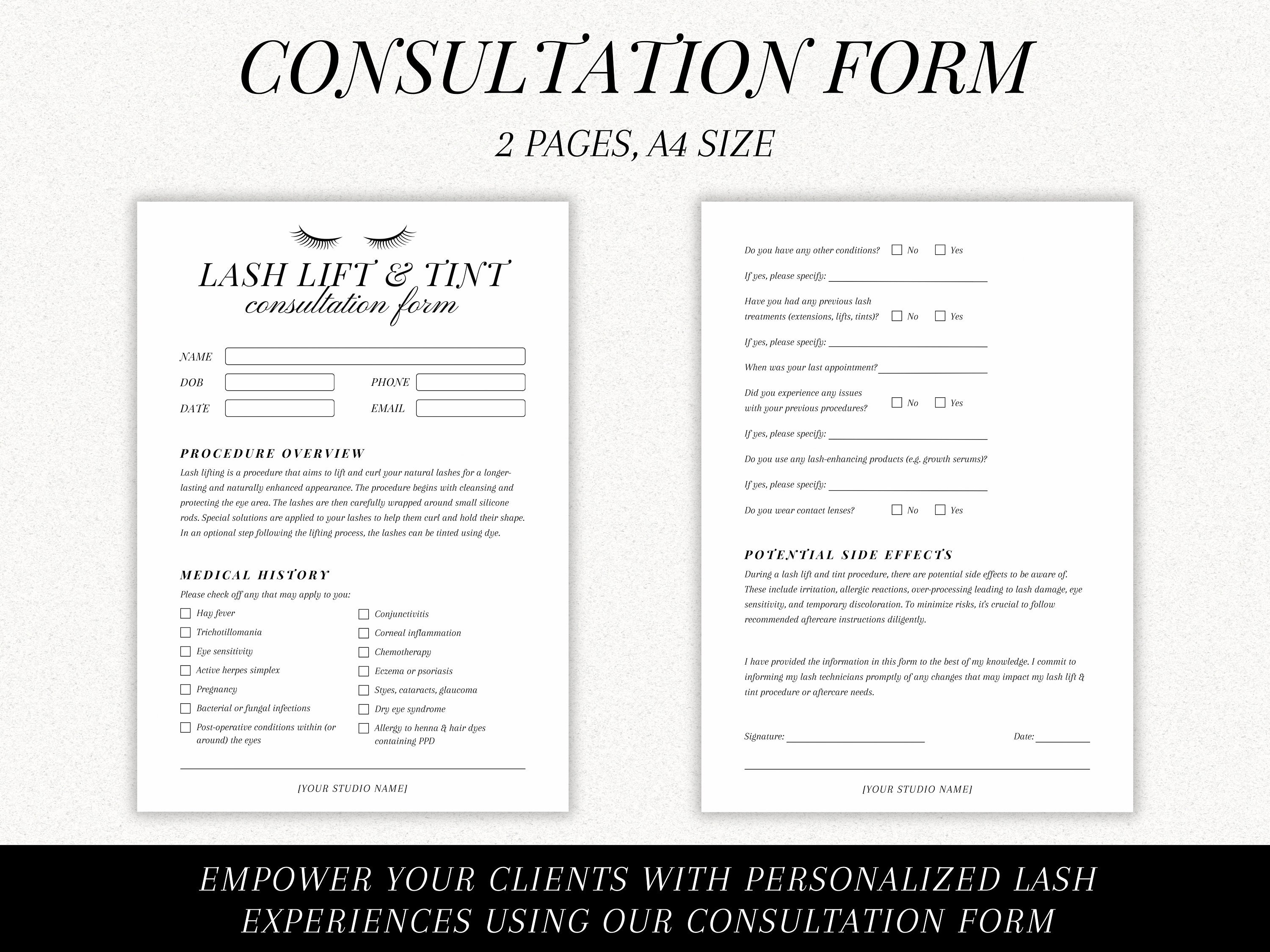 Lash Lift and Tint Forms for Lash Tech, Lash Consent Form, Esthetician ...