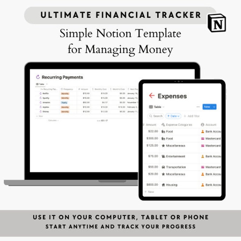 Ultimate Financial Tracker, Simple Notion Template, Income Tracker ...