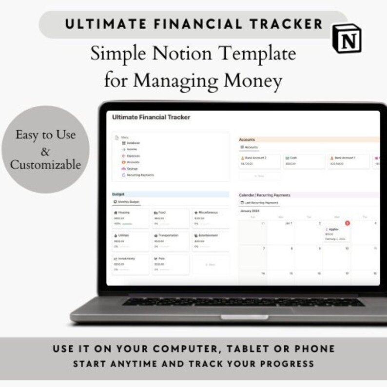 Ultimate Financial Tracker, Simple Notion Template, Income Tracker, Expenses Tracker, Budget and ...