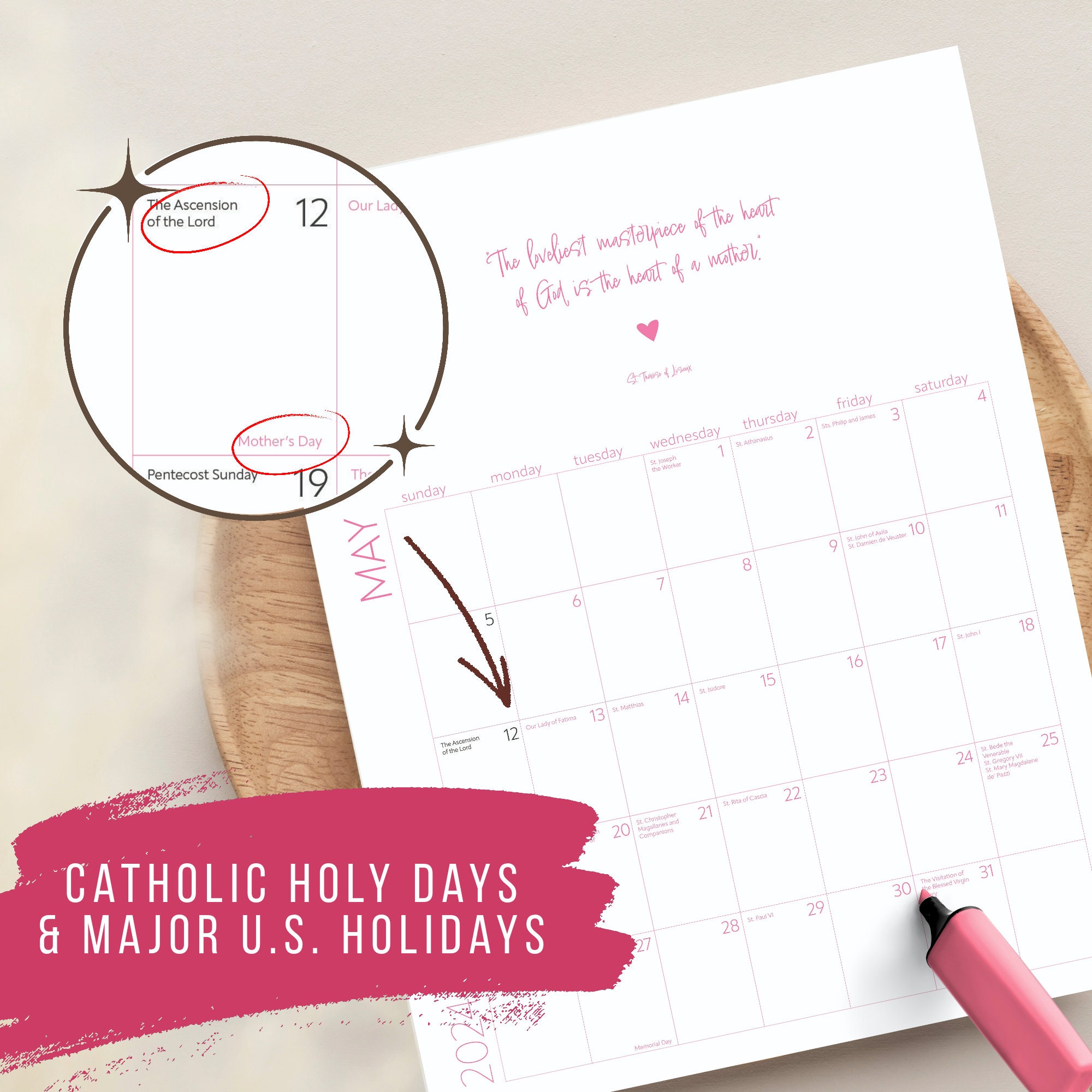 St. Thérèse Catholic 2024 Calendar Printable Download US Holidays ...