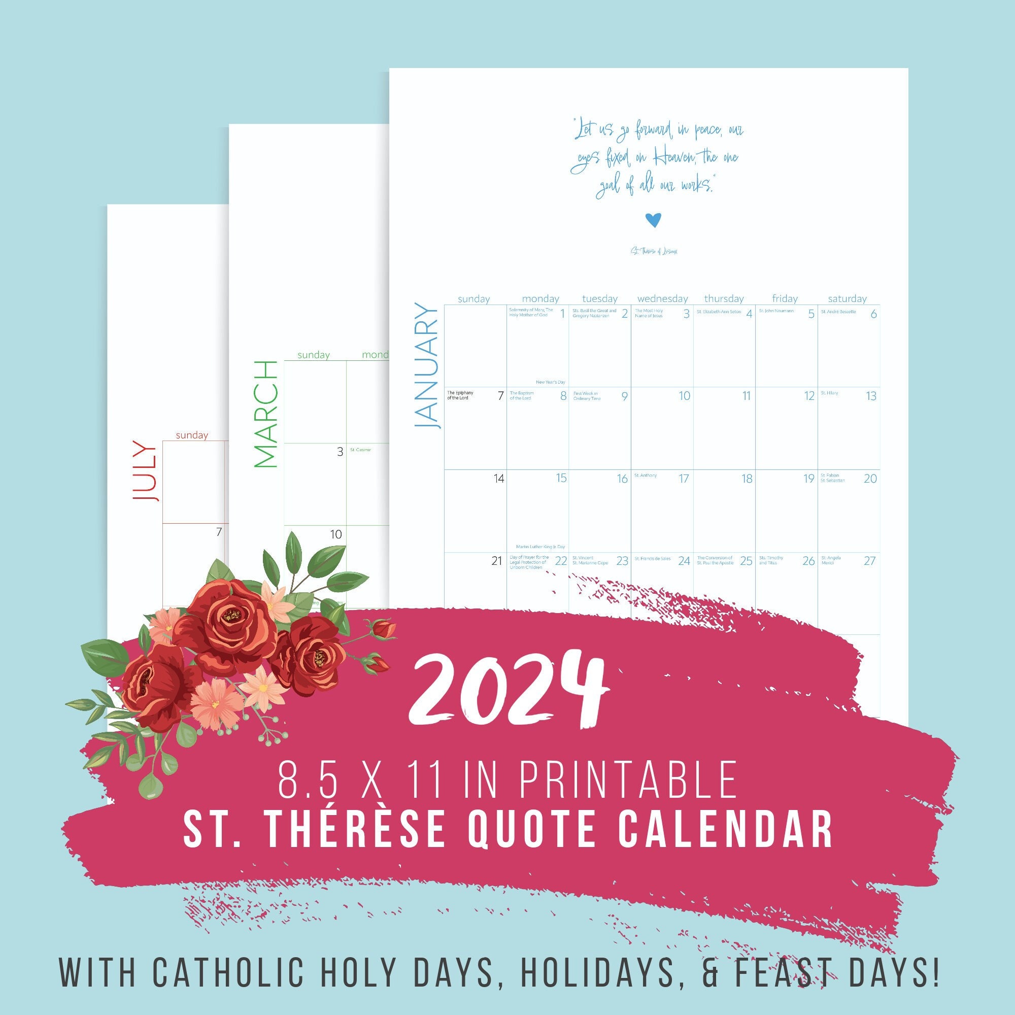 St. Thérèse Catholic 2024 Calendar Printable Download US Holidays ...