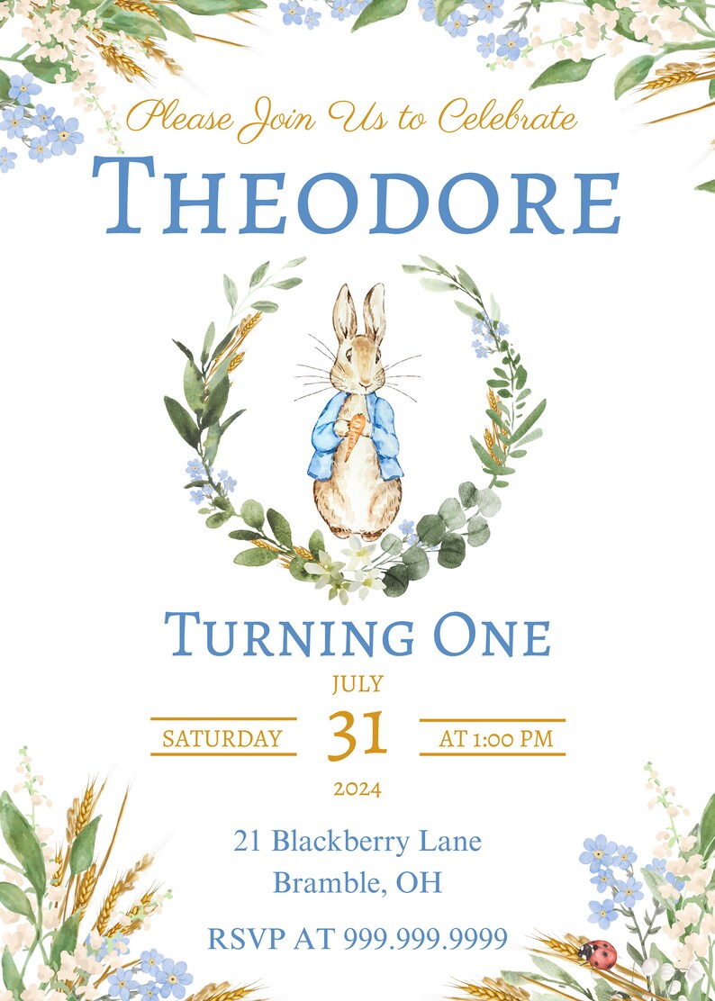 Editable Peter Rabbit Birthday Invitation, Blue Classic Peter Rabbit ...