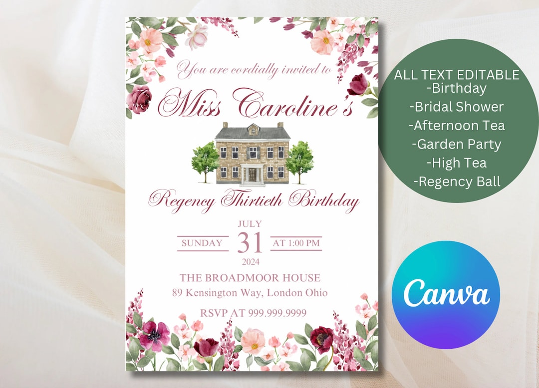 Editable Regency Birthday Invitation, Pride and Prejudice Garden Party ...