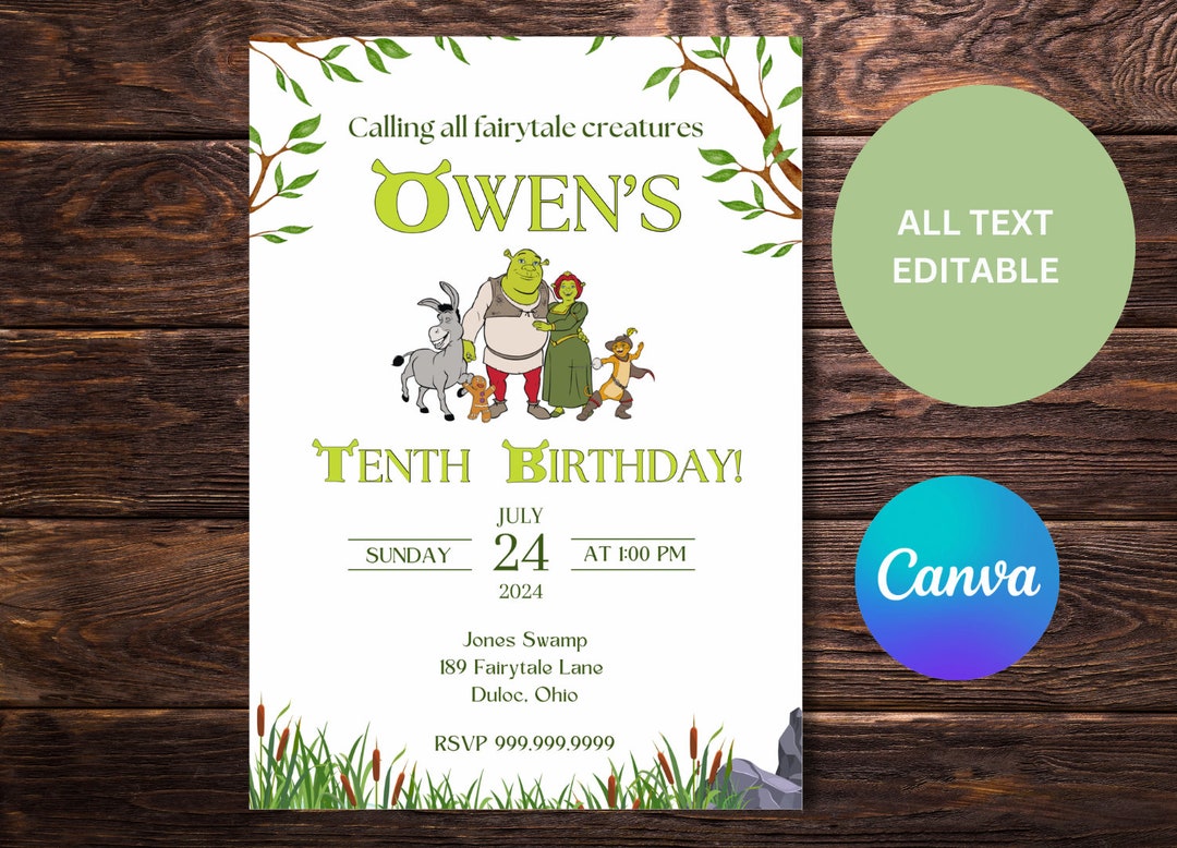 Editable Shrek Birthday Invitation, Shrek Party Invite, Digital ...