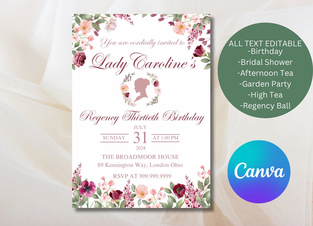 Regency Birthday Invitation, Floral Canva Template (digital Download ...