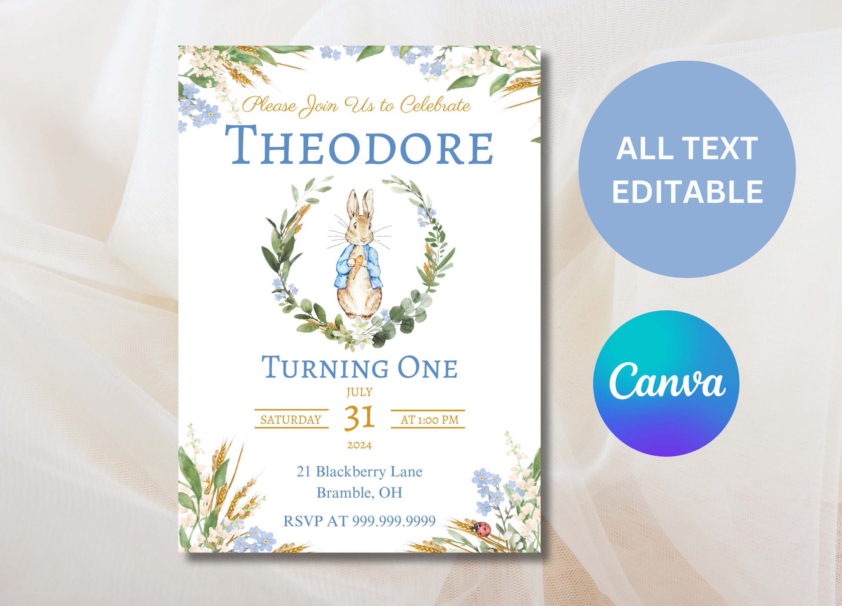 Editable Peter Rabbit Birthday Invitation, Blue Classic Peter Rabbit ...