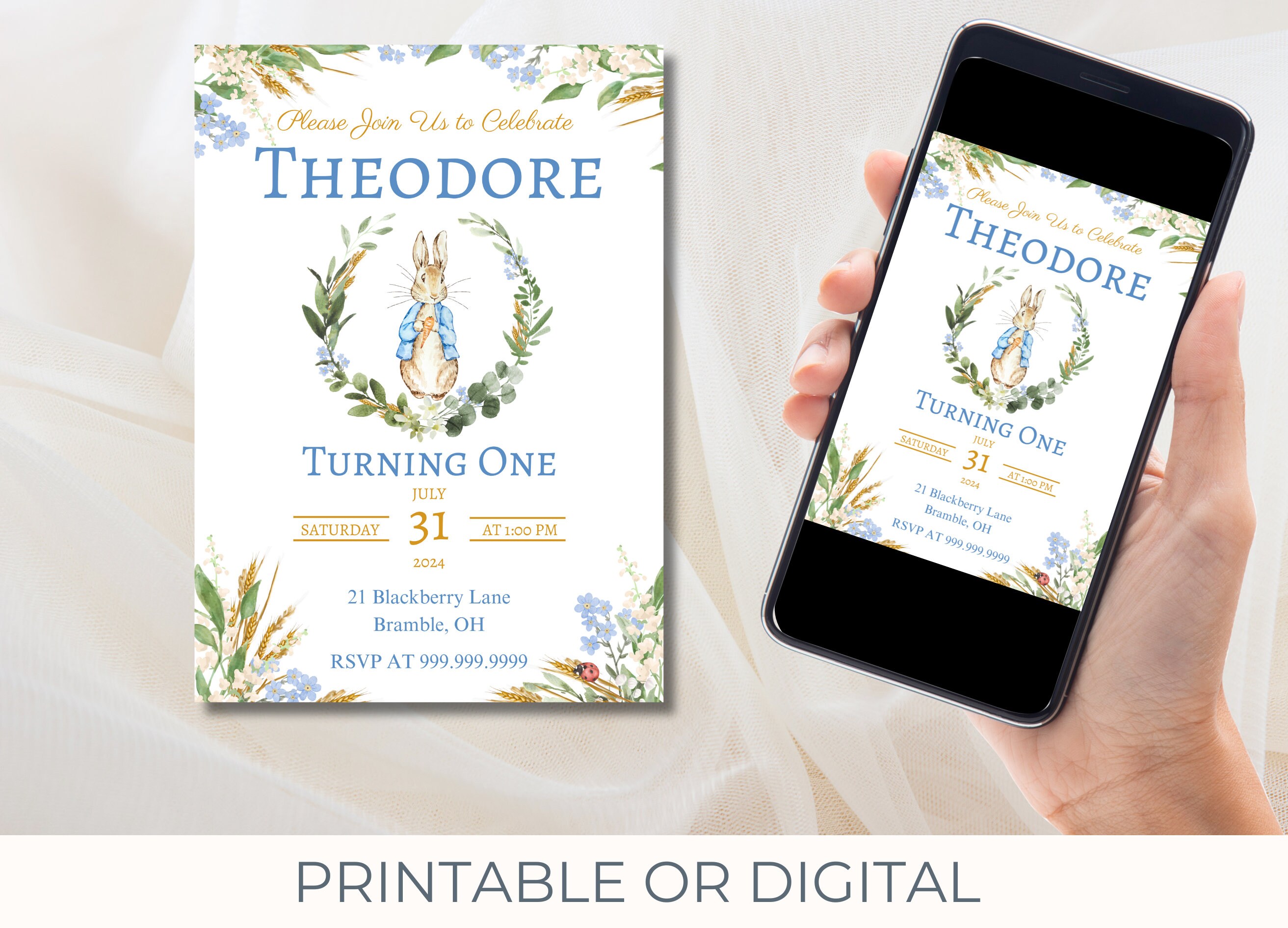 Editable Peter Rabbit Birthday Invitation, Blue Classic Peter Rabbit ...