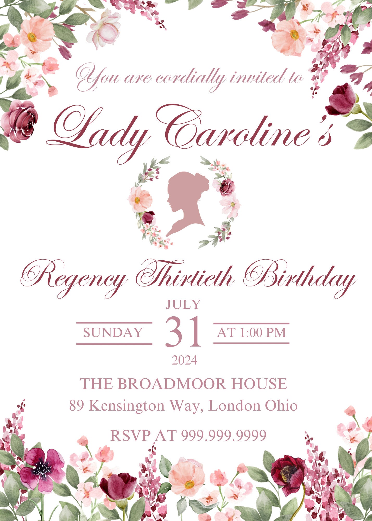 Editable Regency Birthday Invitation, Pride and Prejudice Bday Invite ...