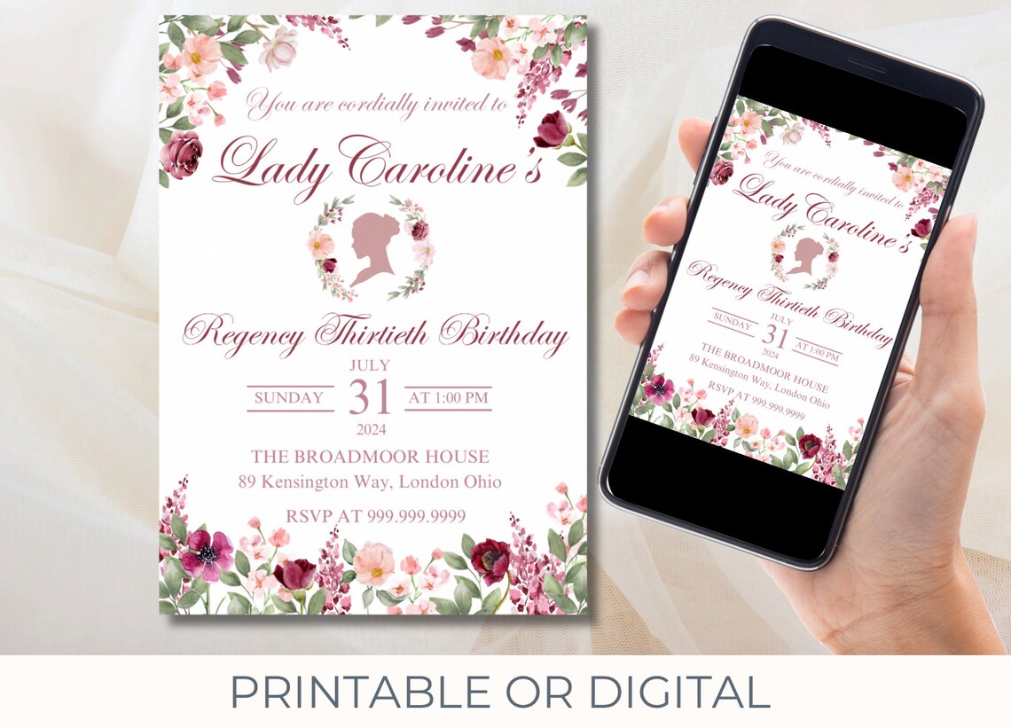 Regency Birthday Invitation, Floral Canva Template (digital Download ...