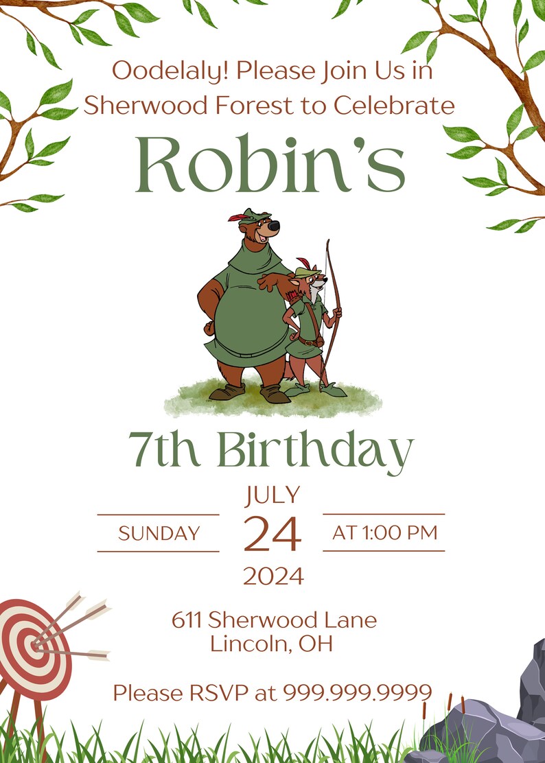 Editable Robin Hood Birthday Invitation, Classic Robin Hood Cartoon ...
