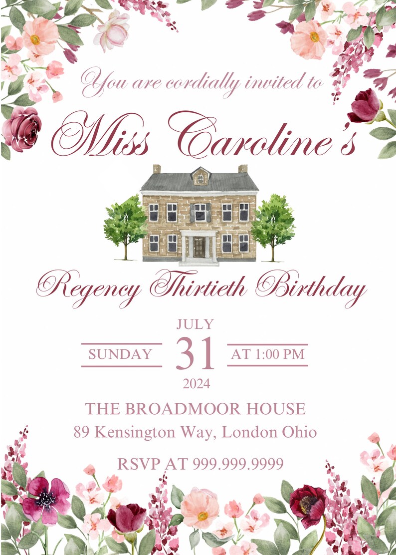Regency Birthday Invitation, Floral Garden Party, Canva Template ...