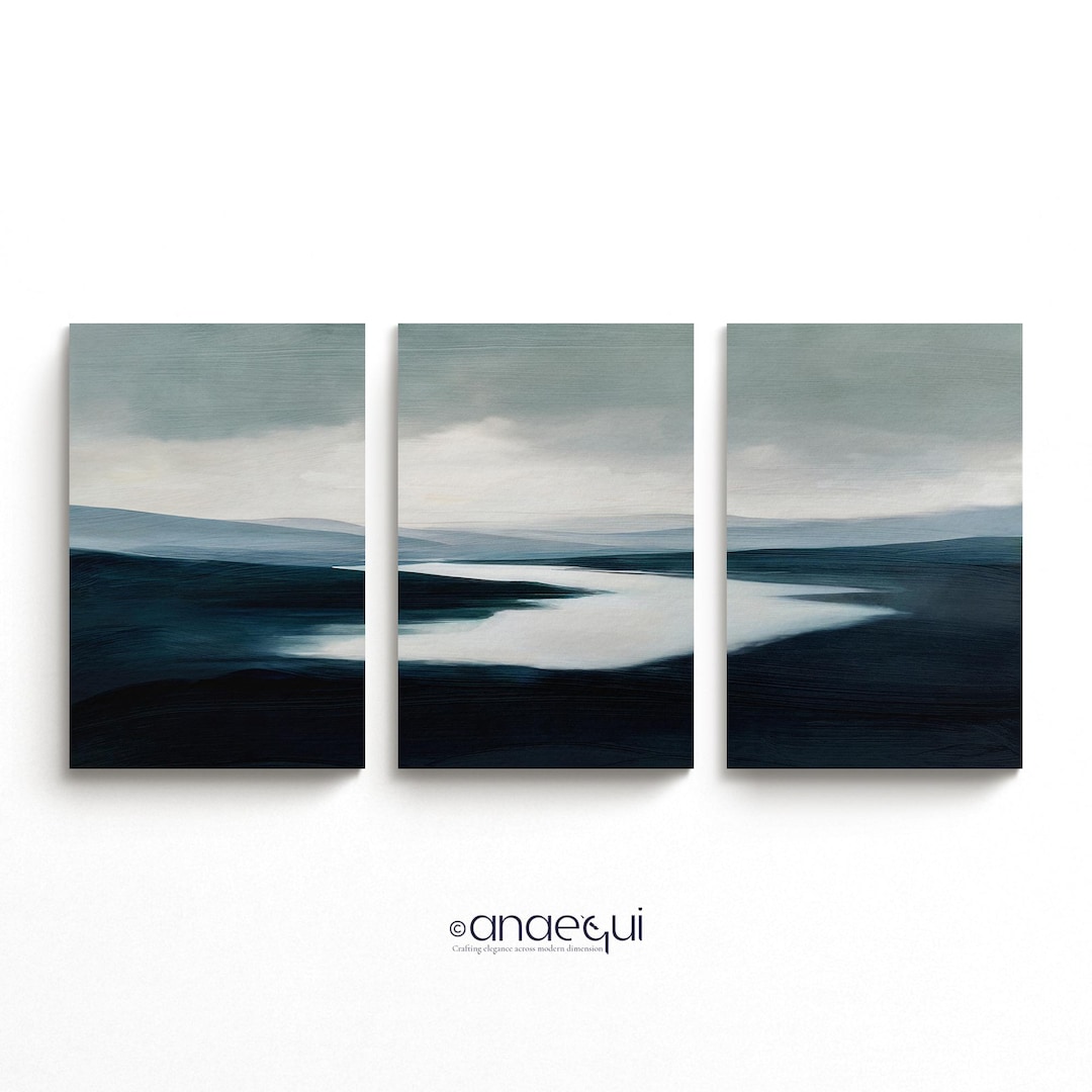 Muted Navy Blue Abstract Printable Landscape Wall Art Set of 3 | Teal ...