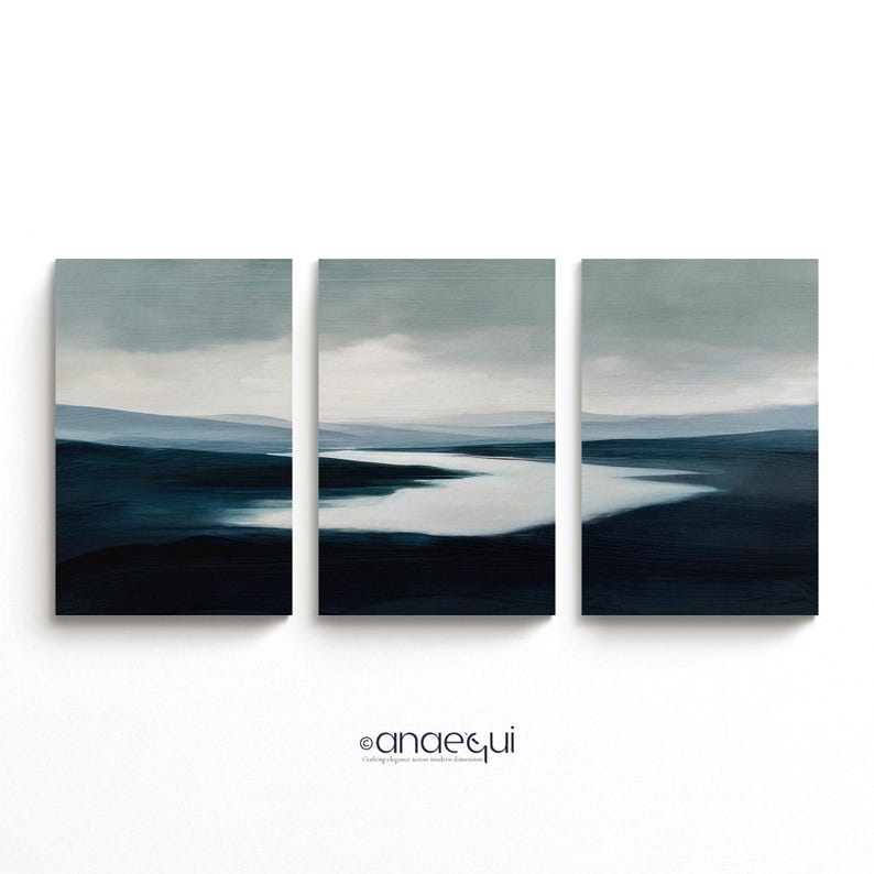Muted Navy Blue Abstract Printable Landscape Wall Art Set of 3 | Teal ...