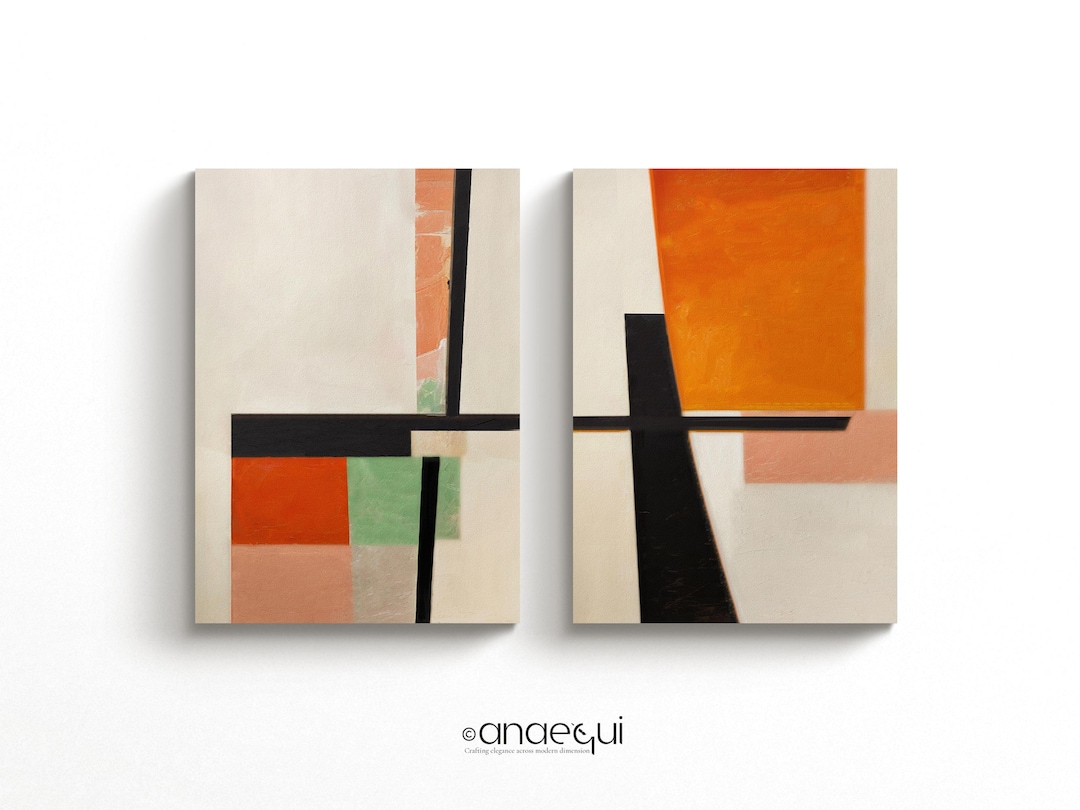 Geometric Abstract Wall Art Set of 2 Prints | Modern Color Block Orange ...