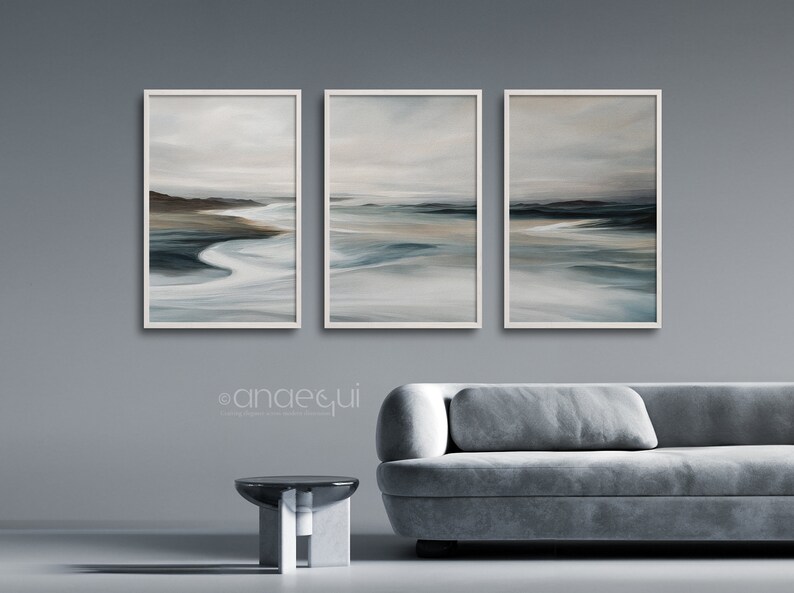 Tranquil Muted Seascape Wall Art of 3 Abstract Ocean Waves, Serene ...