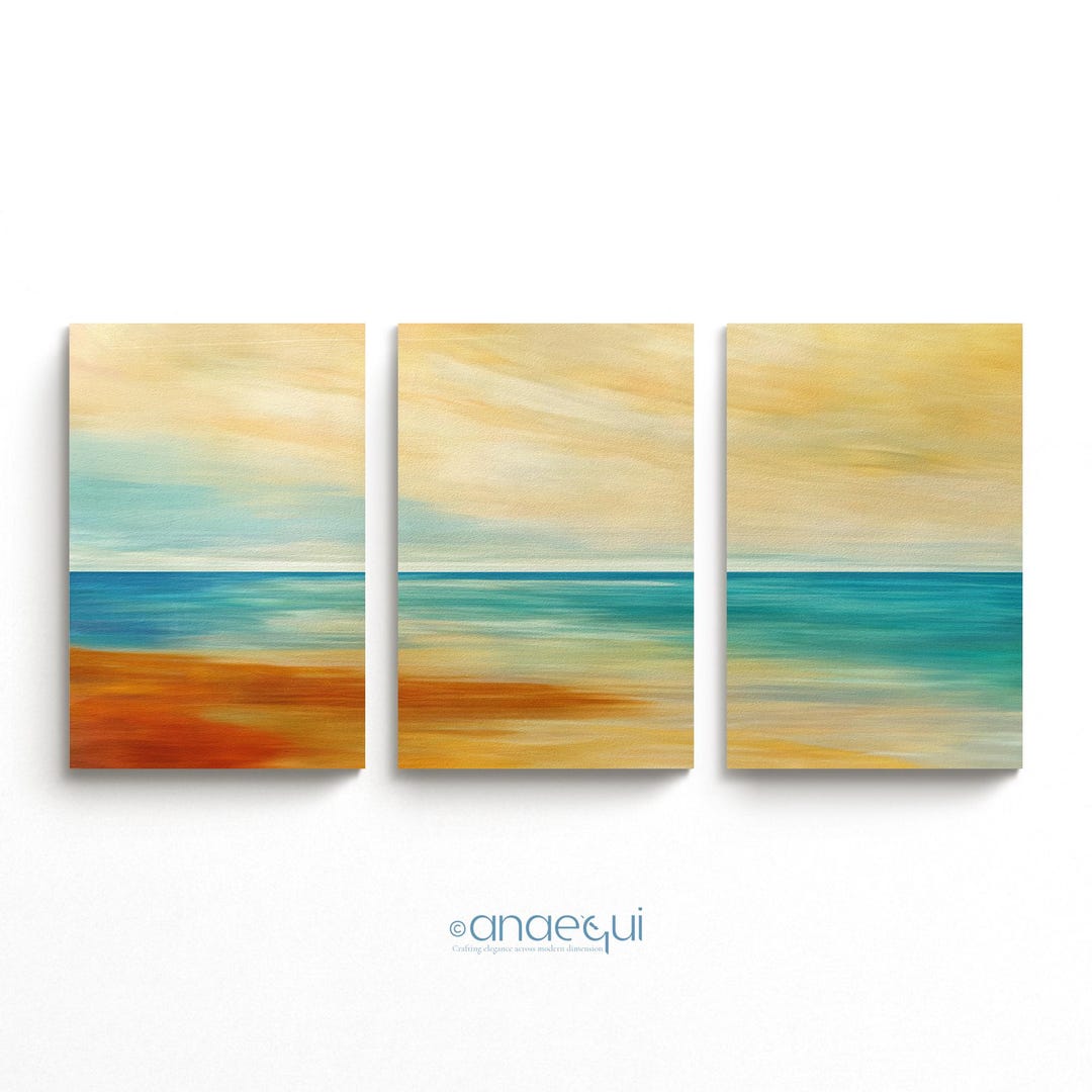 Coastal Beach Triptych Art Print Set – Abstract Ocean Sunset (digital ...