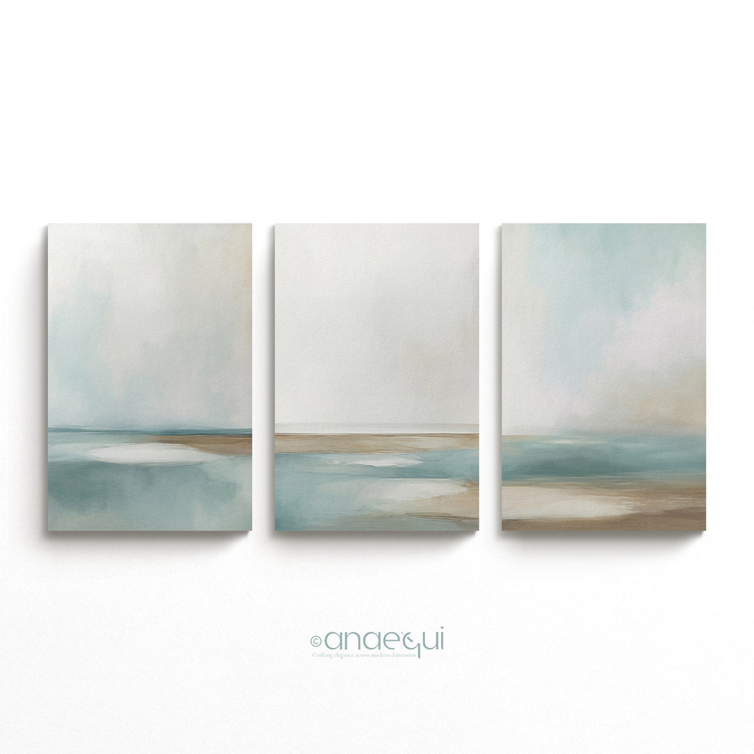 Muted Minimalist Coastal Abstract Wall Art Set of 3 Ocean Soft Blue ...
