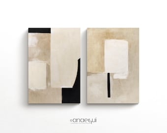 Japandi Wall Art Prints Set of Two Pieces Digital Abstract Textured Neutral Beige Earth Tones ...