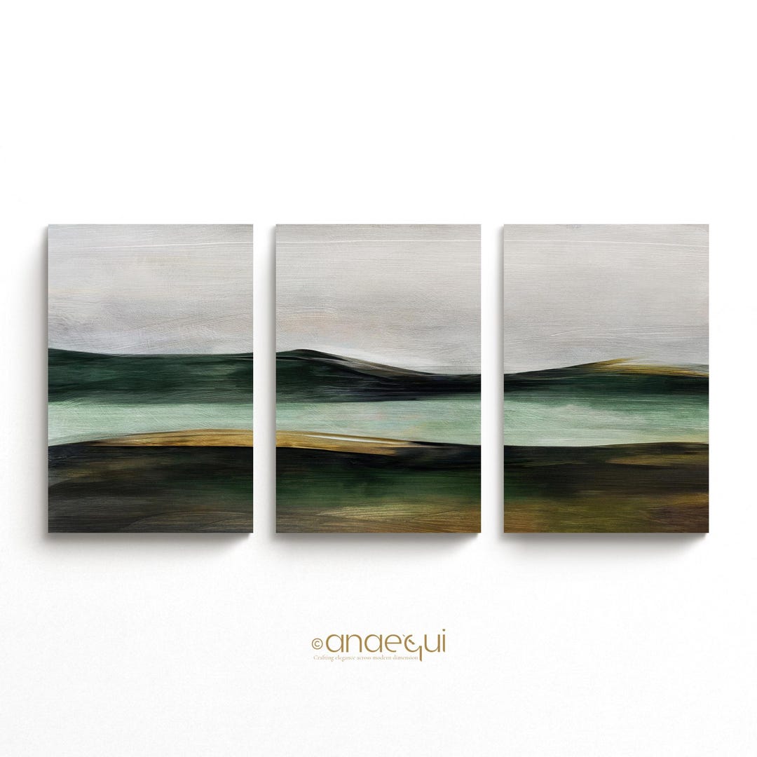 Muted Abstract Landscape Wall Art Set of 3 Green and Gold Horizon ...