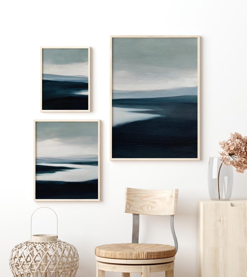 Muted Navy Blue Abstract Printable Landscape Wall Art Set of 3 Teal ...